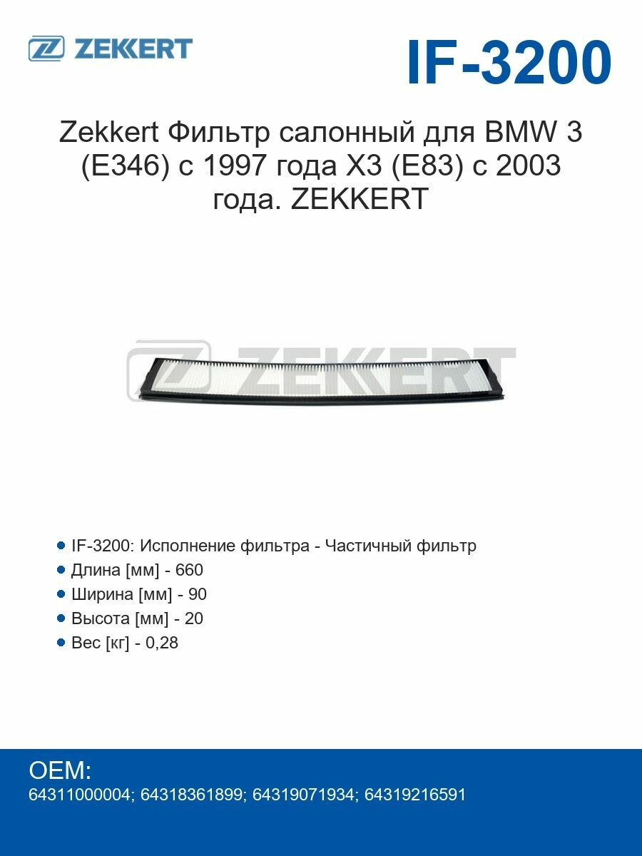 Zekkert Фильтр салонный для BMW 3 (E346) с 1997 года X3 (E83) с 2003 года. ZEKKERT