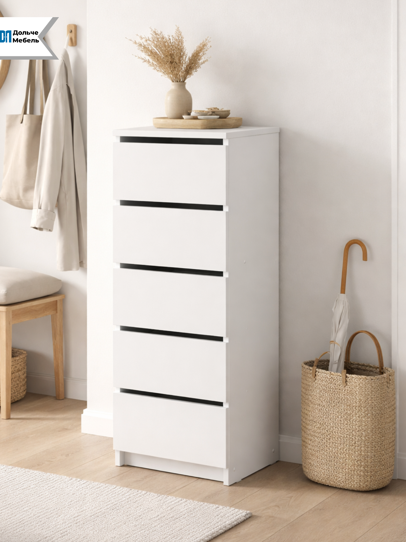 Комод для одежды высокий SV-Мебель КМ 3 с ящиками, узкий комод в спальню и прихожую, цвет белый текстурный