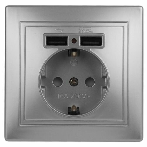 Розетка 1-м СП Plano 1-410-03 16А IP20 + 2хUSB алюм. Intro Б0053944