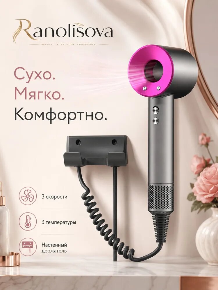 Ranolisova8 Розовый настенный фен для дома и поездок, спиральный шнур 2.8 м, безщеточный мотор 110 000 об/мин, ионизация, 3 режима, холодно-горячий цикл, компактный.