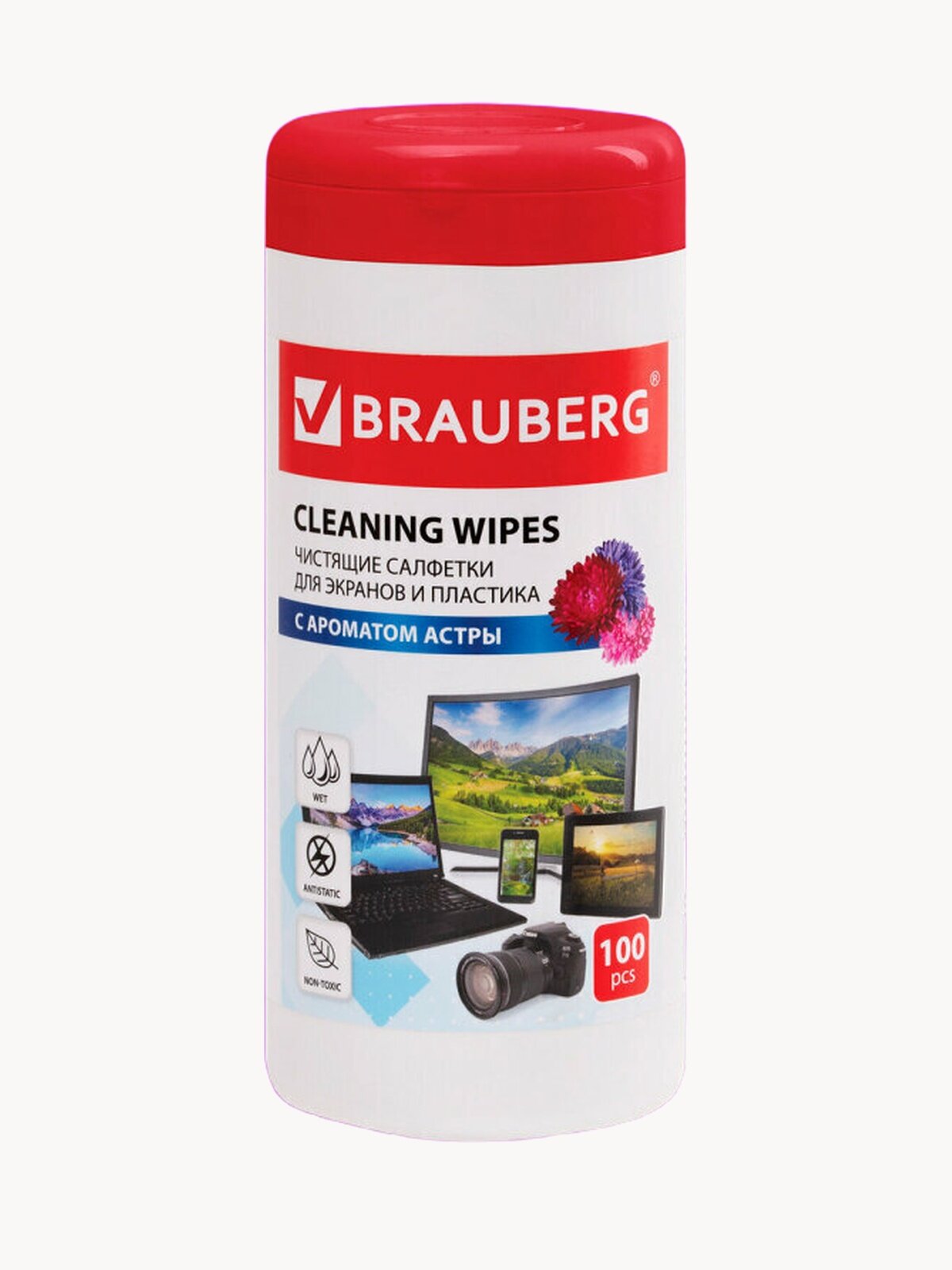 Салфетки для экранов всех типов и пластика Brauberg с ароматом Астра, в тубе 100 шт, влажные, 511689