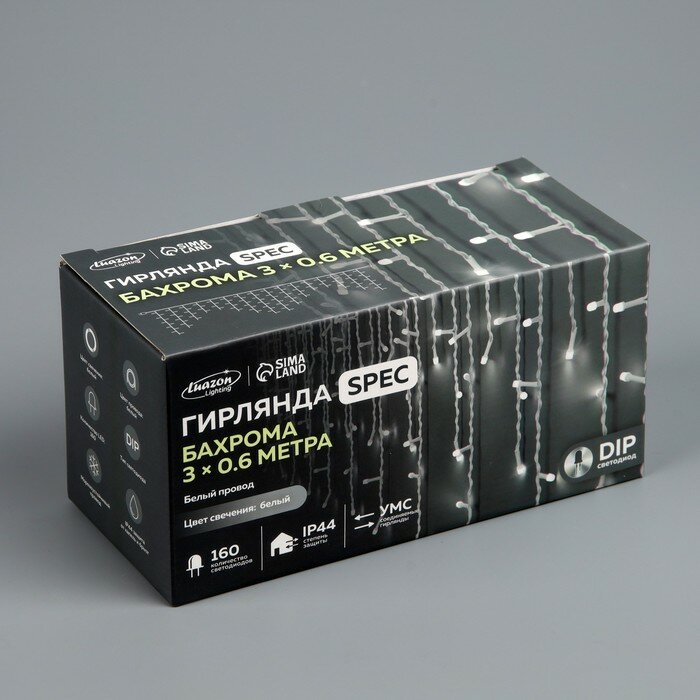 Гирлянда Бахрома 3 0.6 м, IP44, УМС, белая нить, 160 LED, свечение белое, мерцание белым, 220 В