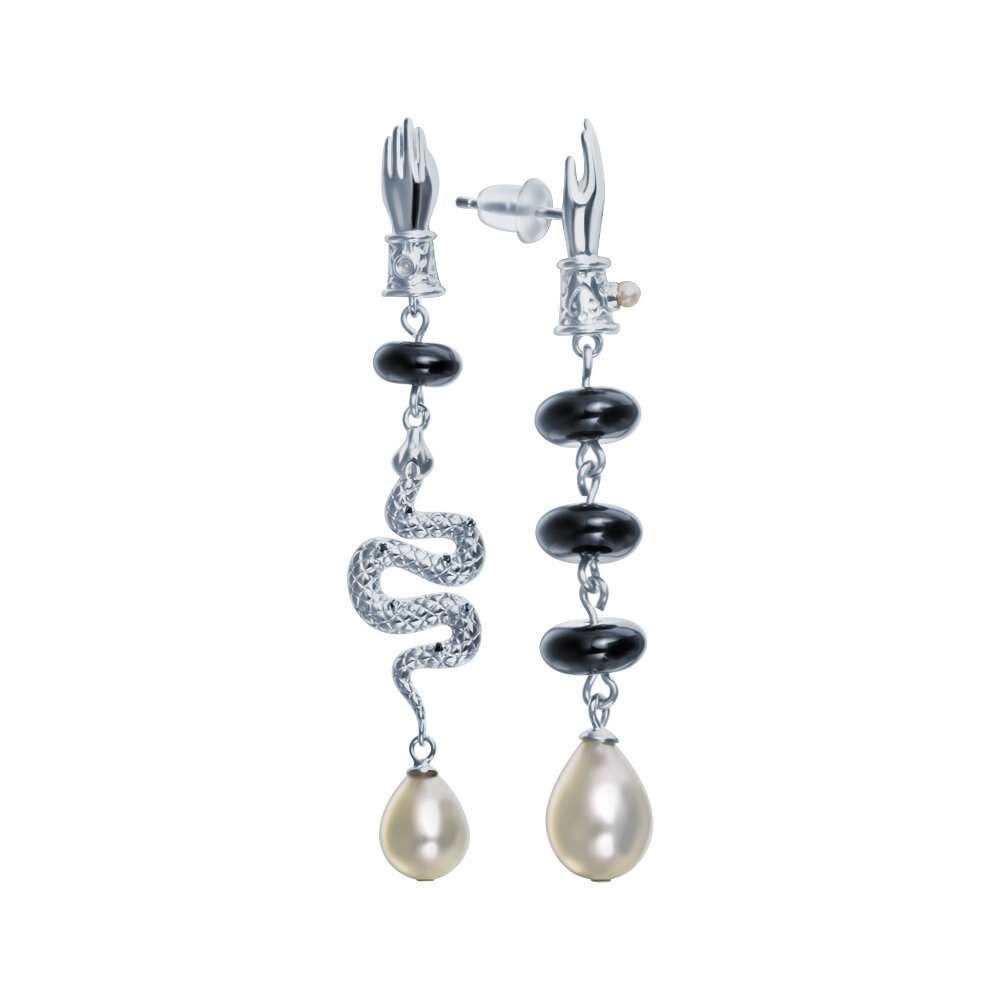 Серьги, серебро, 925 проба, фианит, жемчуг, оникс