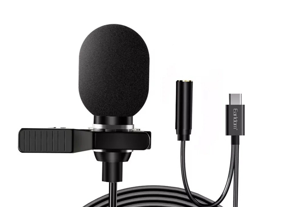 Микрофон петличный проводной Earldom ET-E39 для смартфона, Type-C, Jack 3.5мм, шнур 2 м, черный