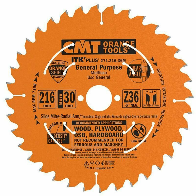 Диск пильный ультратонкий для продольного и поперечного СМТ Италия 216x30x1,8/1,2 -5 10 ATB + 8 SHEAR Z36 CMT 271.216.36M