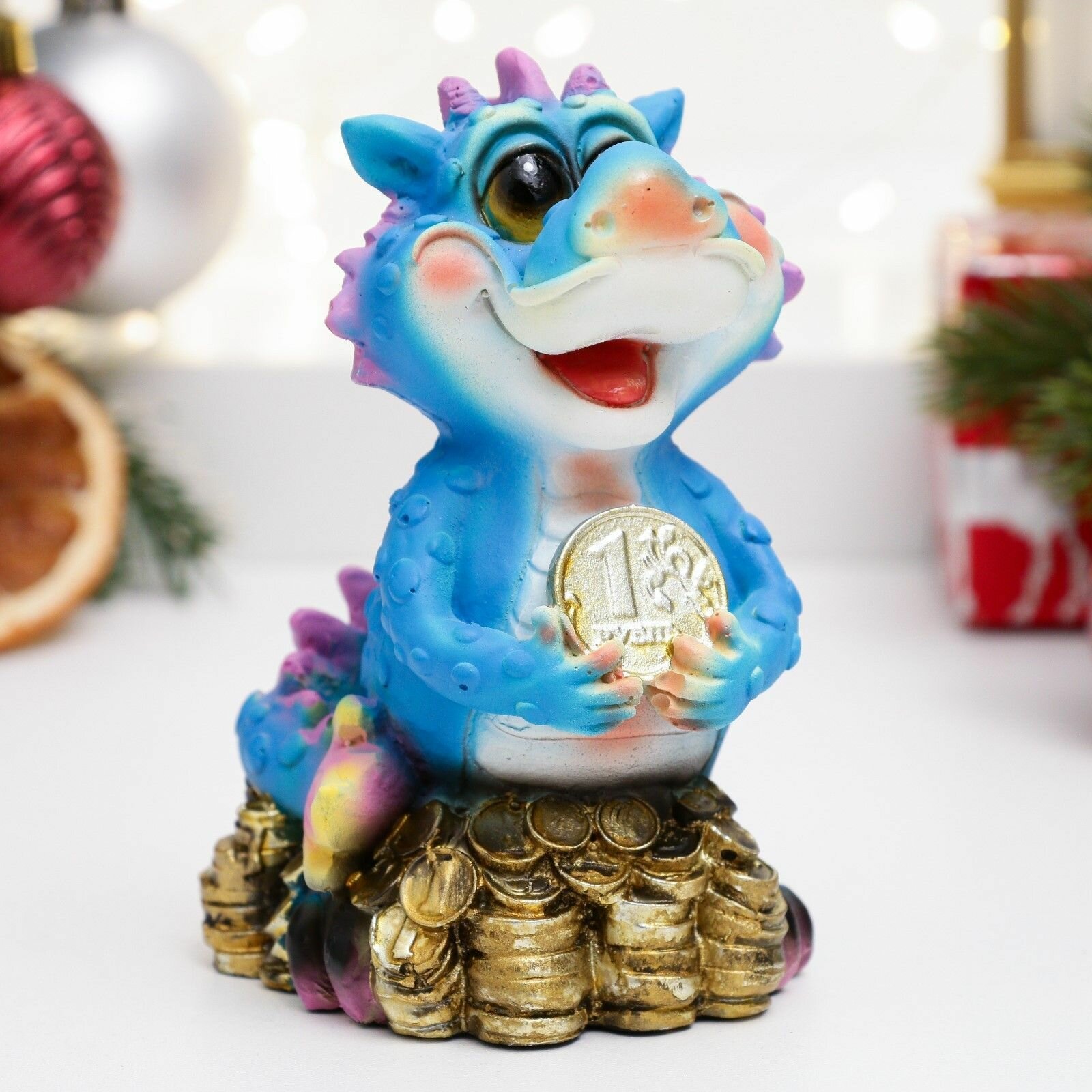 Копилка "Дракончик с рублем" 10*7*6,5см, новогодняя, символ года 2024, сувенир, подарок на новый год