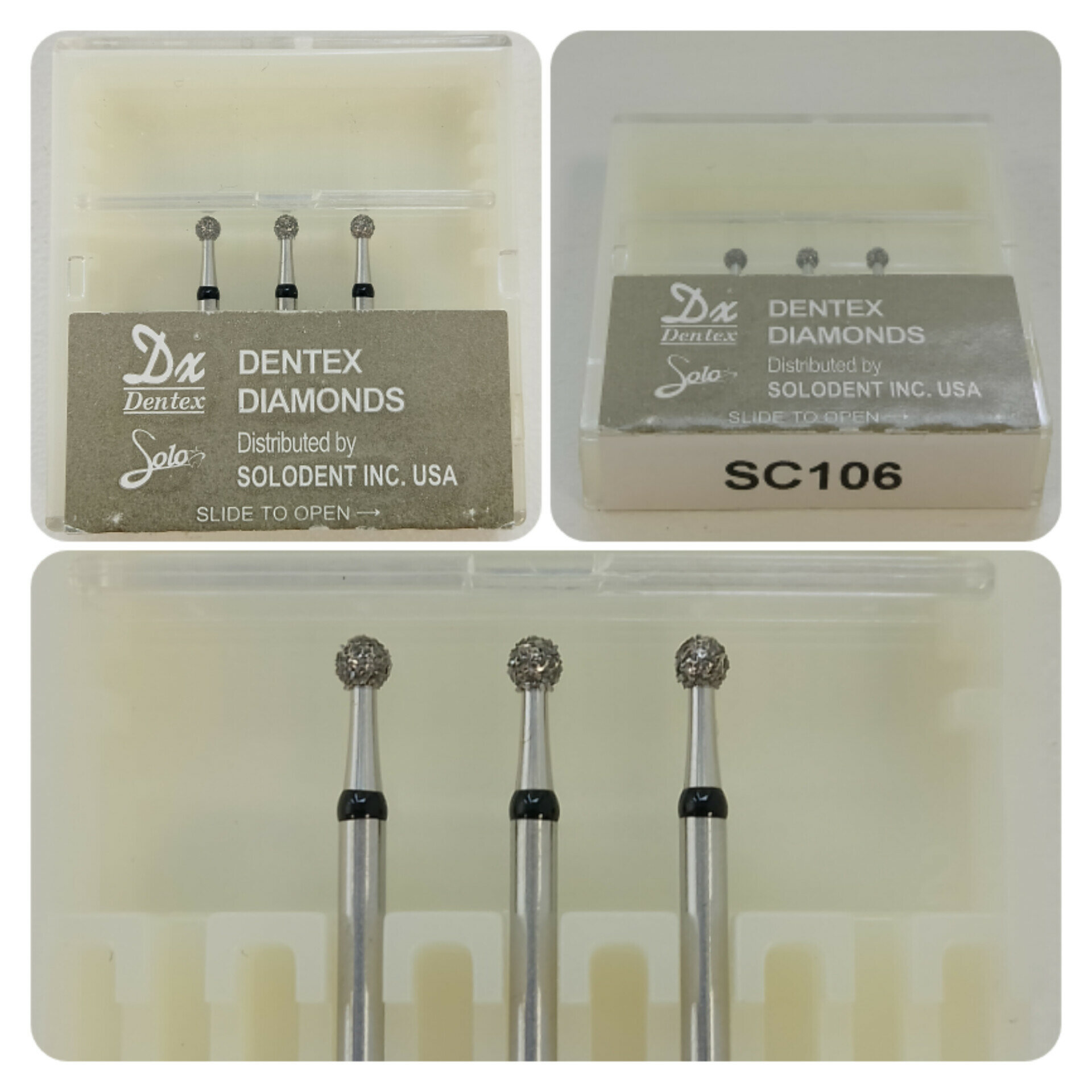 Боры стоматологические алмазные Dentex турбинные шаровидные SC106, размер 018, черная насечка, 3 штуки