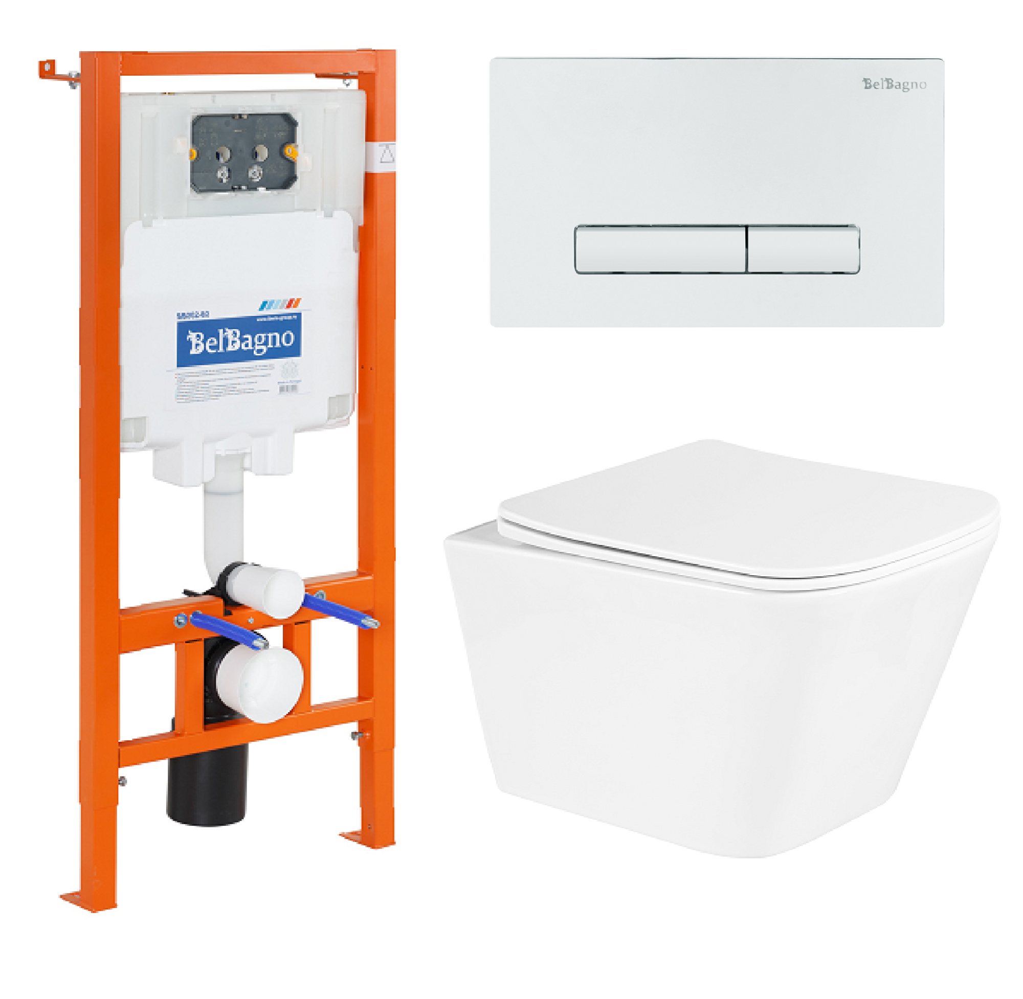 Комплект 3 в 1 Унитаз подвесной с сиденьем BelBagno DUE BB3103CHR/SC + Система инсталляции BB002-80 с кнопкой смыва BB018-GV-BI белый