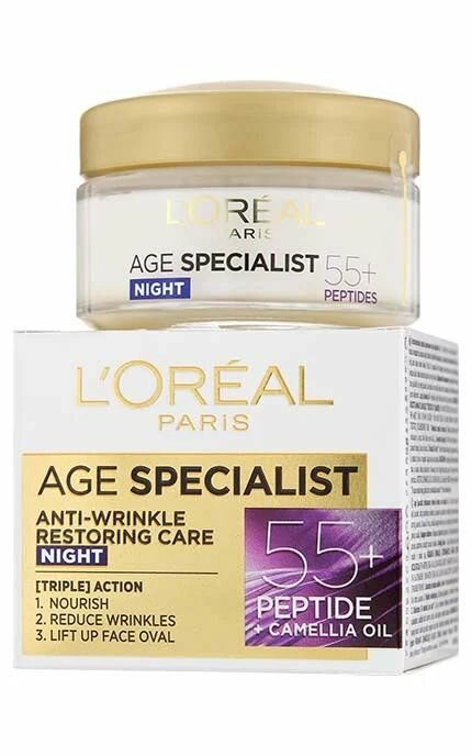Антивозрастной крем для лица ночной L'Oreal Age Specialist 55 + с маслом камелии и пептидами 50 мл