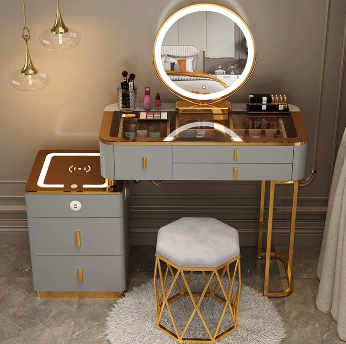 Туалетный столик MoonMalika (Стол 120см серое основание/ коричневое стекло / круглое зеркало/табурет)