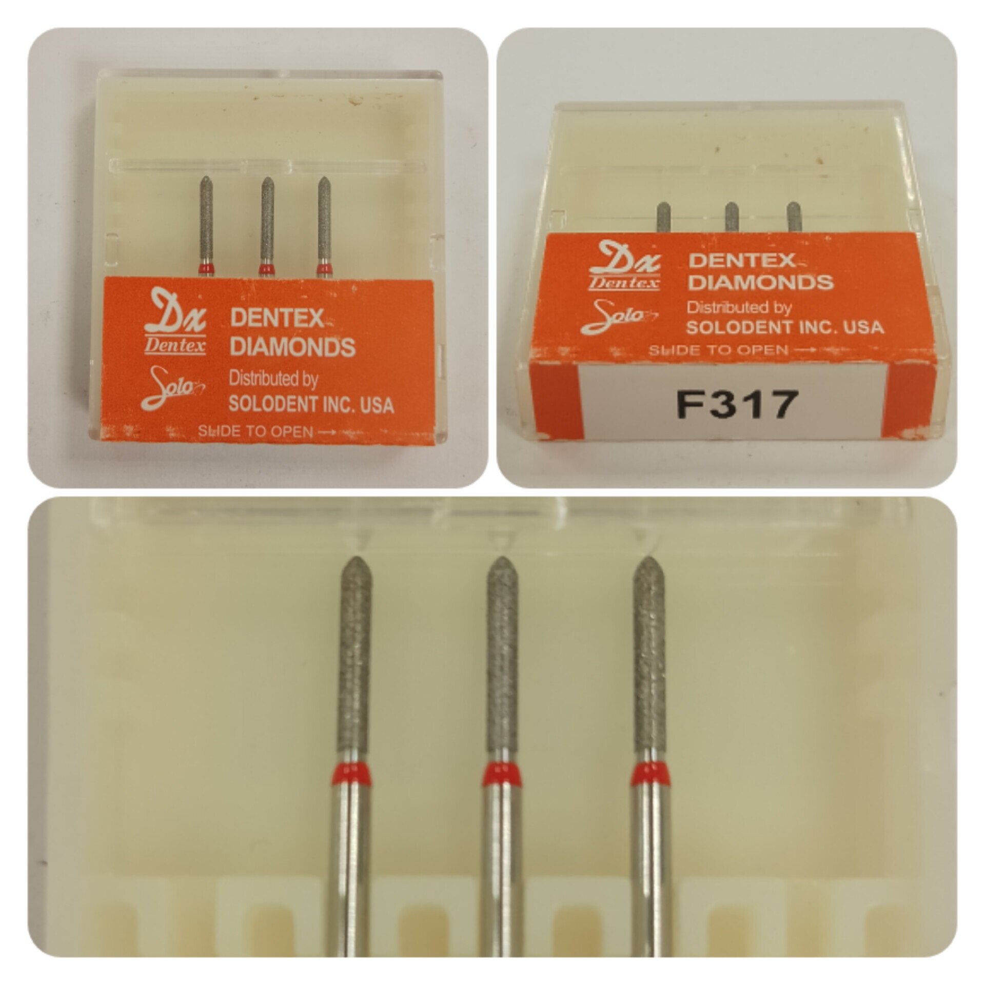 Боры стоматологические Dentex алмазные турбинные, цилиндр с усеченным конусом F 317 размер 014 красная насечка, 3 штуки