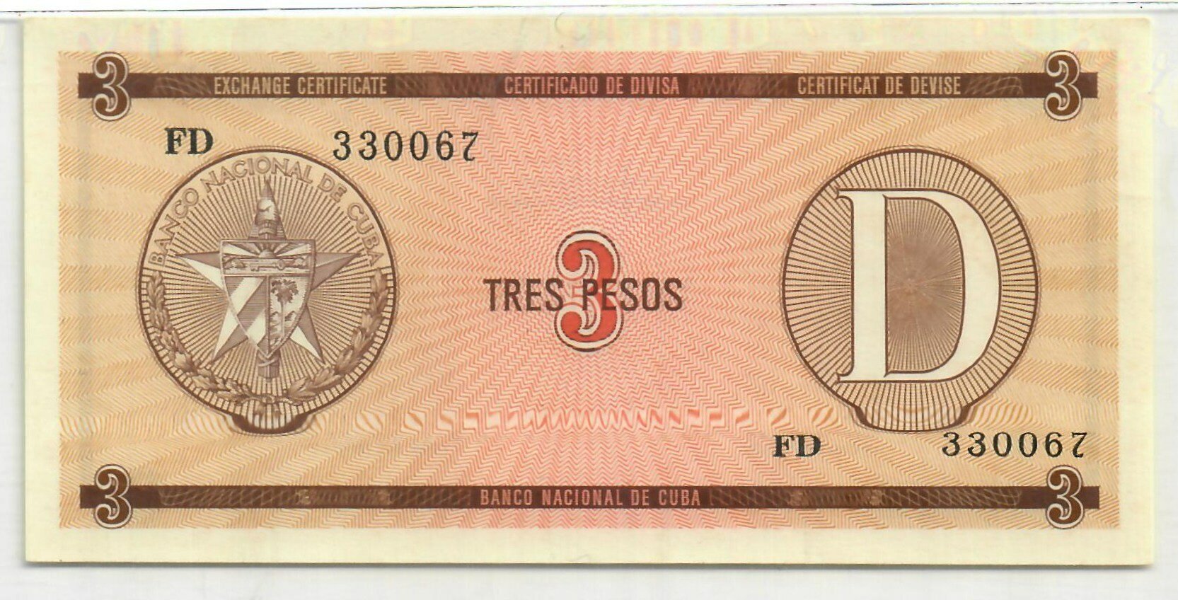 Купюра (бона) Куба 1958г. "TRES PESO - сертификат D" UNC