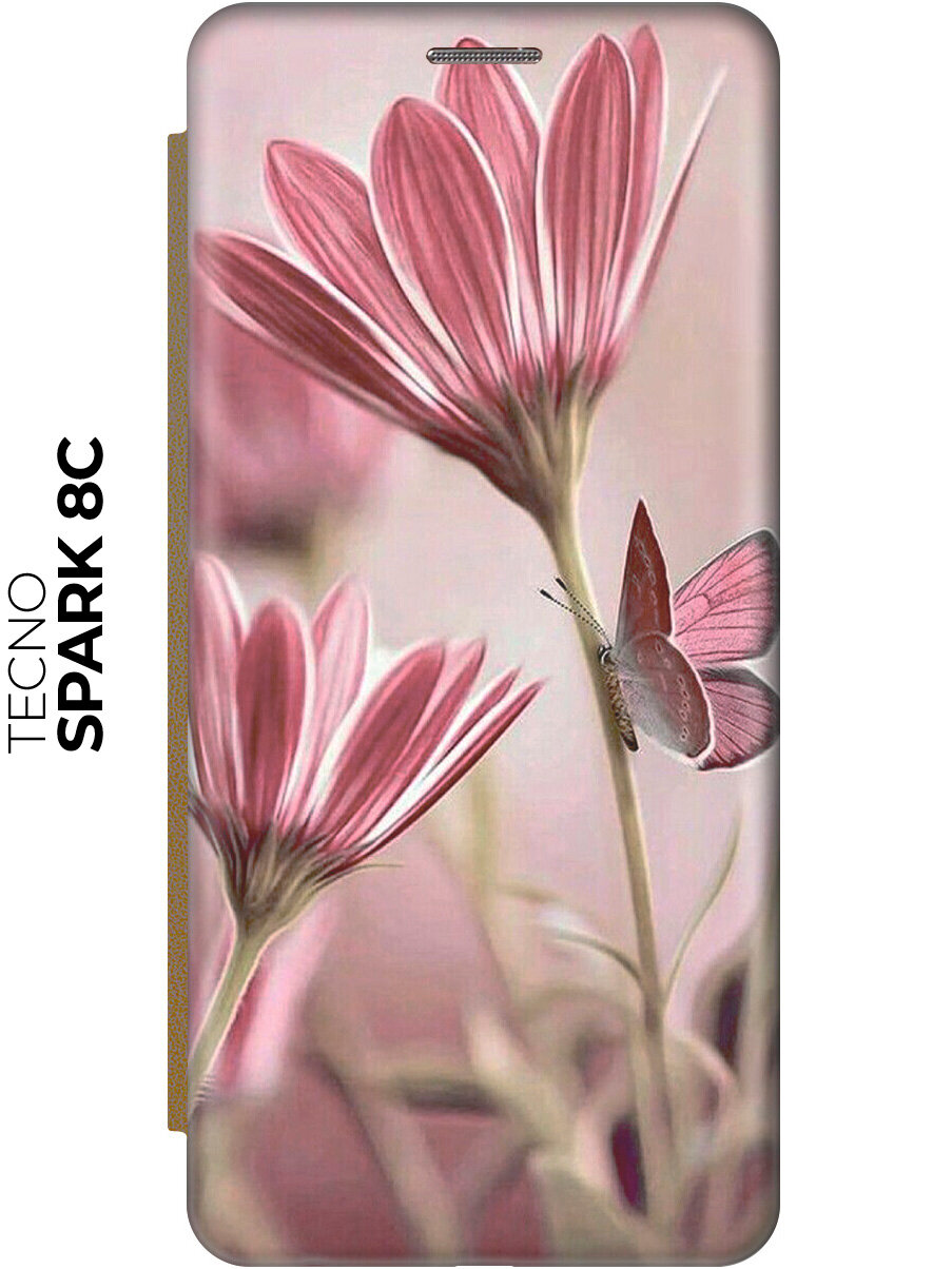 Чехол-книжка на Tecno Spark 8C / Go 2022 / Техно Спарк 8С / Го 2022 с рисунком "Бабочка на розовом цветке" золотистый