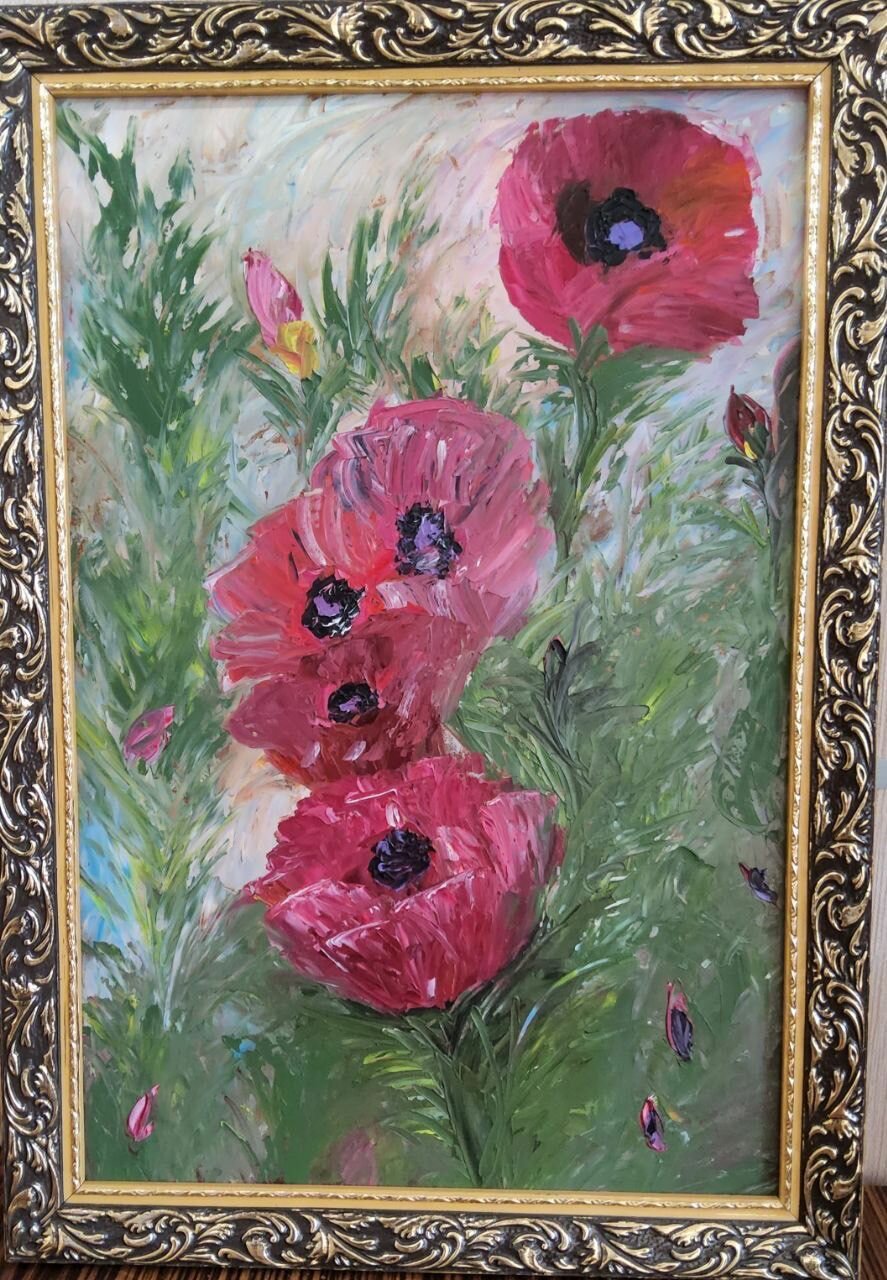 Картина в раме. Миляева Нина. "Маки". Холст, масло, 60x40. Авторская живопись.