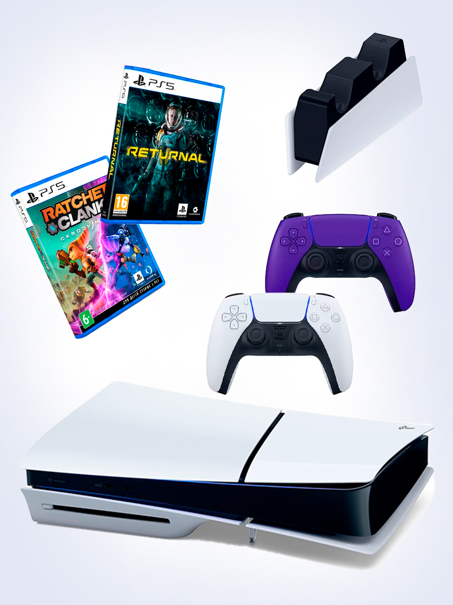 PS5 (ПС5) Игровая приставка Sony PlayStation 5 Slim disc + 2-й геймпад(фиолетовый) + зарядное + игра Ratchet Clank+ игра Returnal