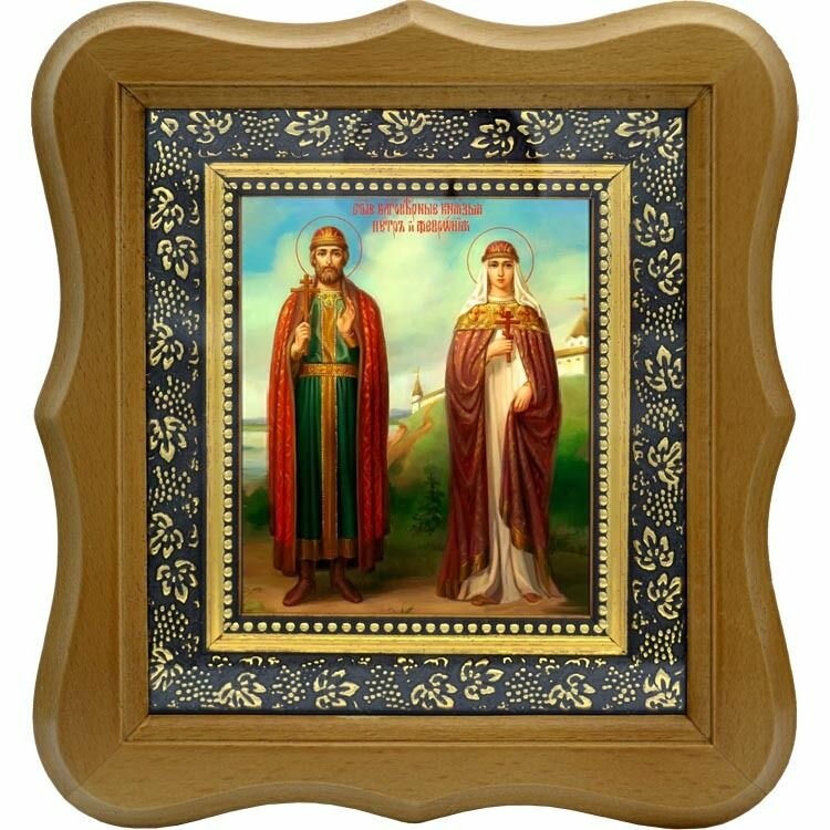 Петр и Феврония Муромские Святые Благоверные. Икона на холсте. (10 х 12 см / В фигурном киоте)