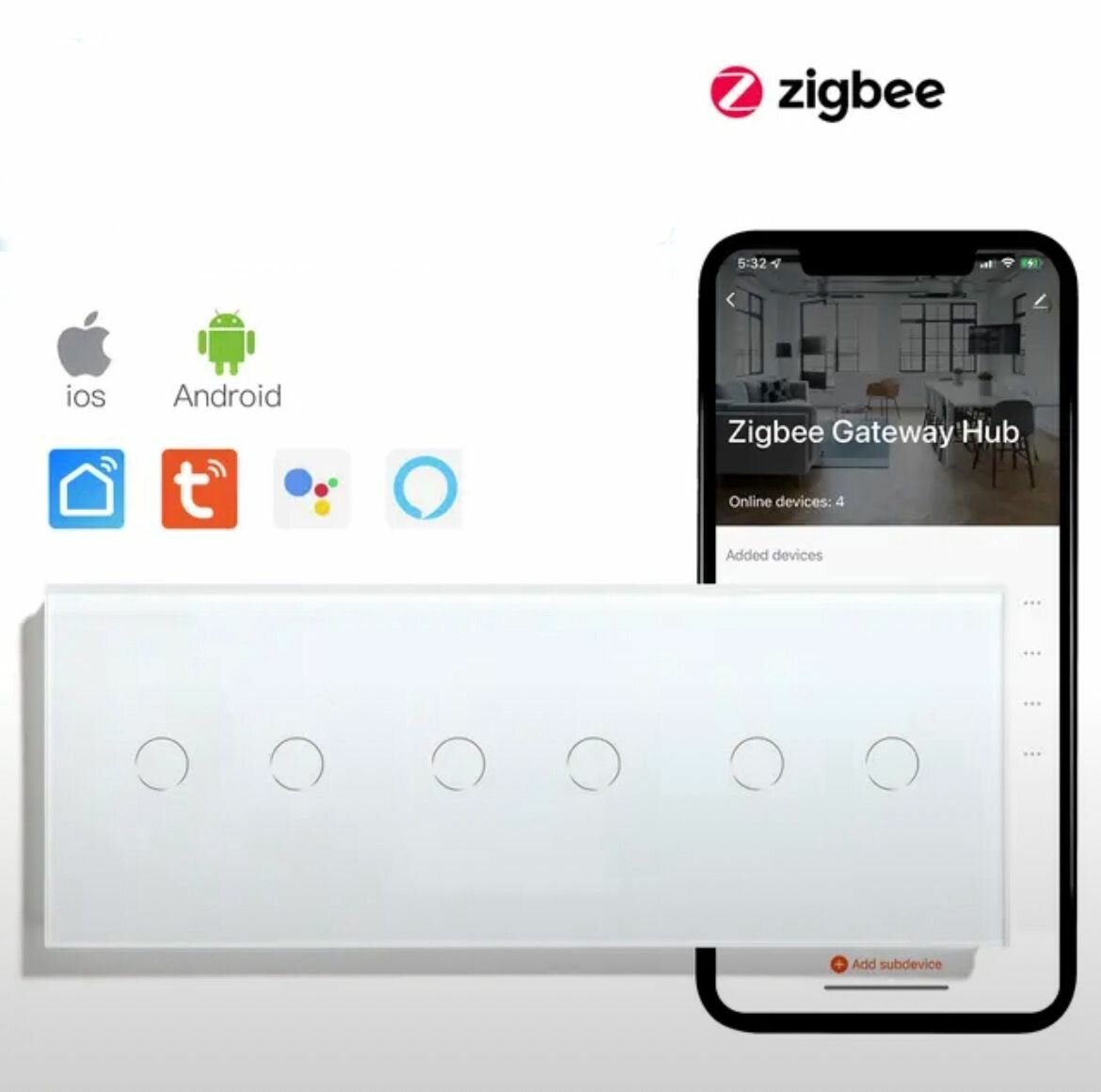 Умный сенсорный выключатель wi-fi Zigbee с Алисой 6 клавиш