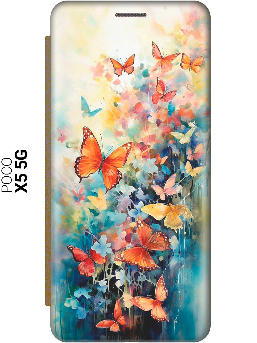 Чехол-книжка на Xiaomi Poco X5 5G / Сяоми Поко Х5 5Г с рисунком "Бабочки акварелью" золотой