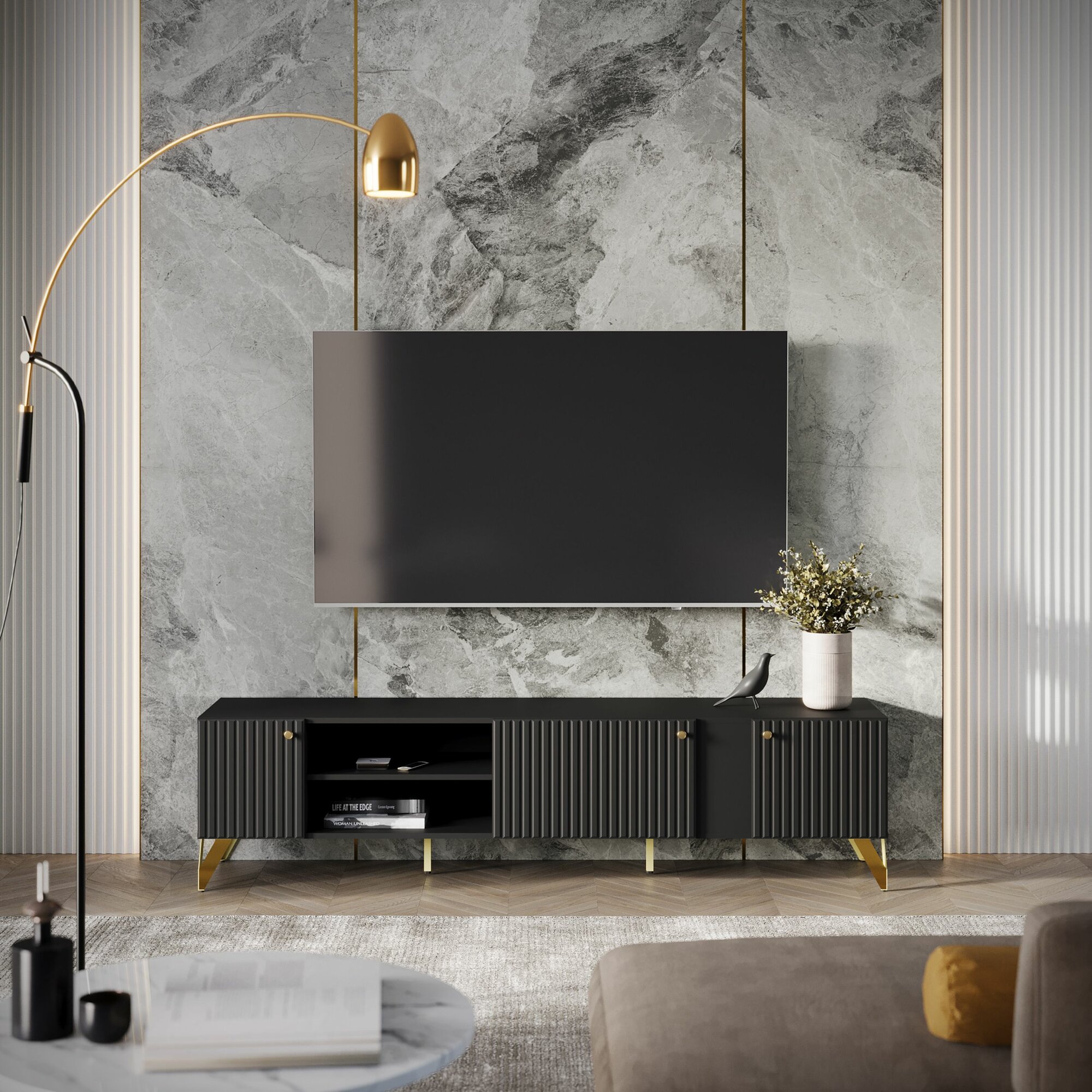 Тумба под телевизор, тв тумба, шкаф напольный RENO TV-200, Черный, 20х840х42.6 см (ШхВхГ)