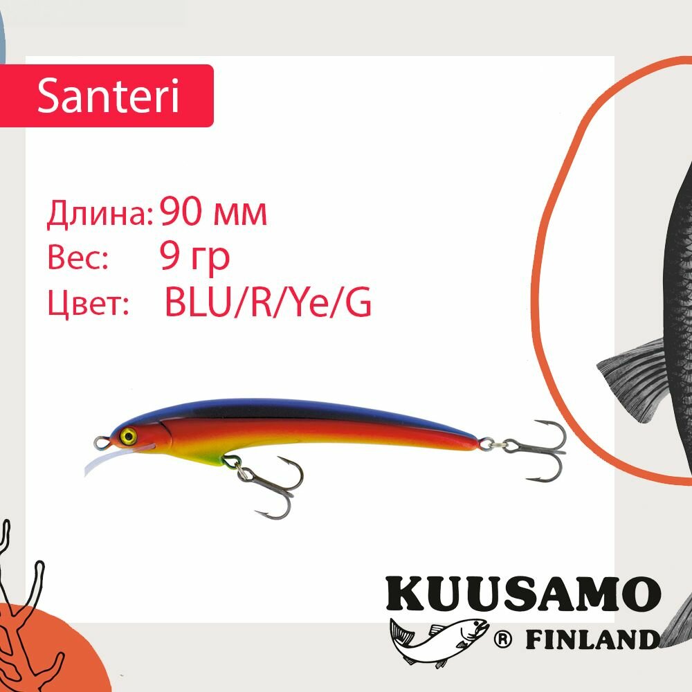 Воблер для рыбалки Kuusamo Santeri 90mm 9г цв. BLU/R/Ye/G, UV