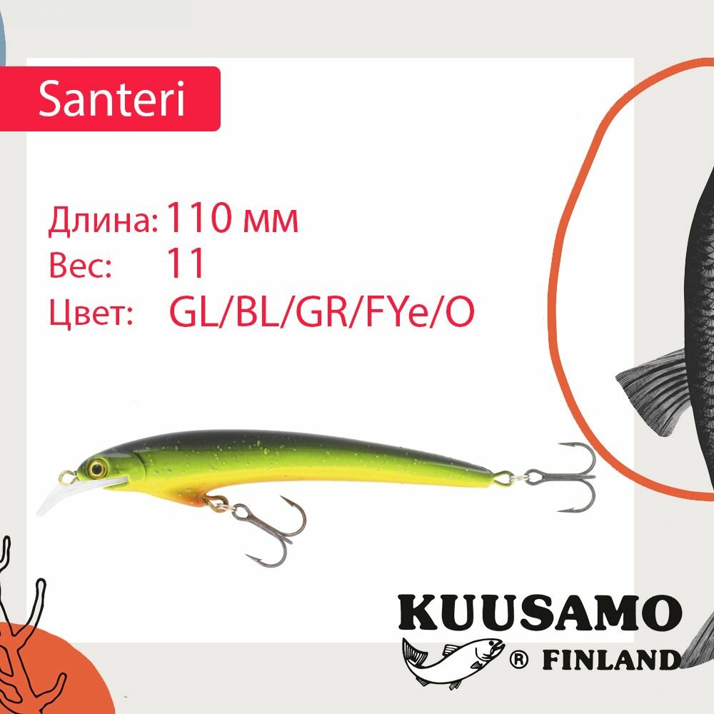 Воблер для рыбалки Kuusamo Santeri 110mm 11г цв. GL/BL/GR/FYe/O, UV