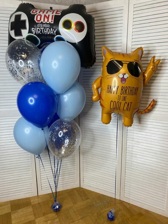 Воздушный рай - шарики воздушные с гелием XL "Голубой, Синий, Прозрачный с конфетти, Фольгированный" 10 штук