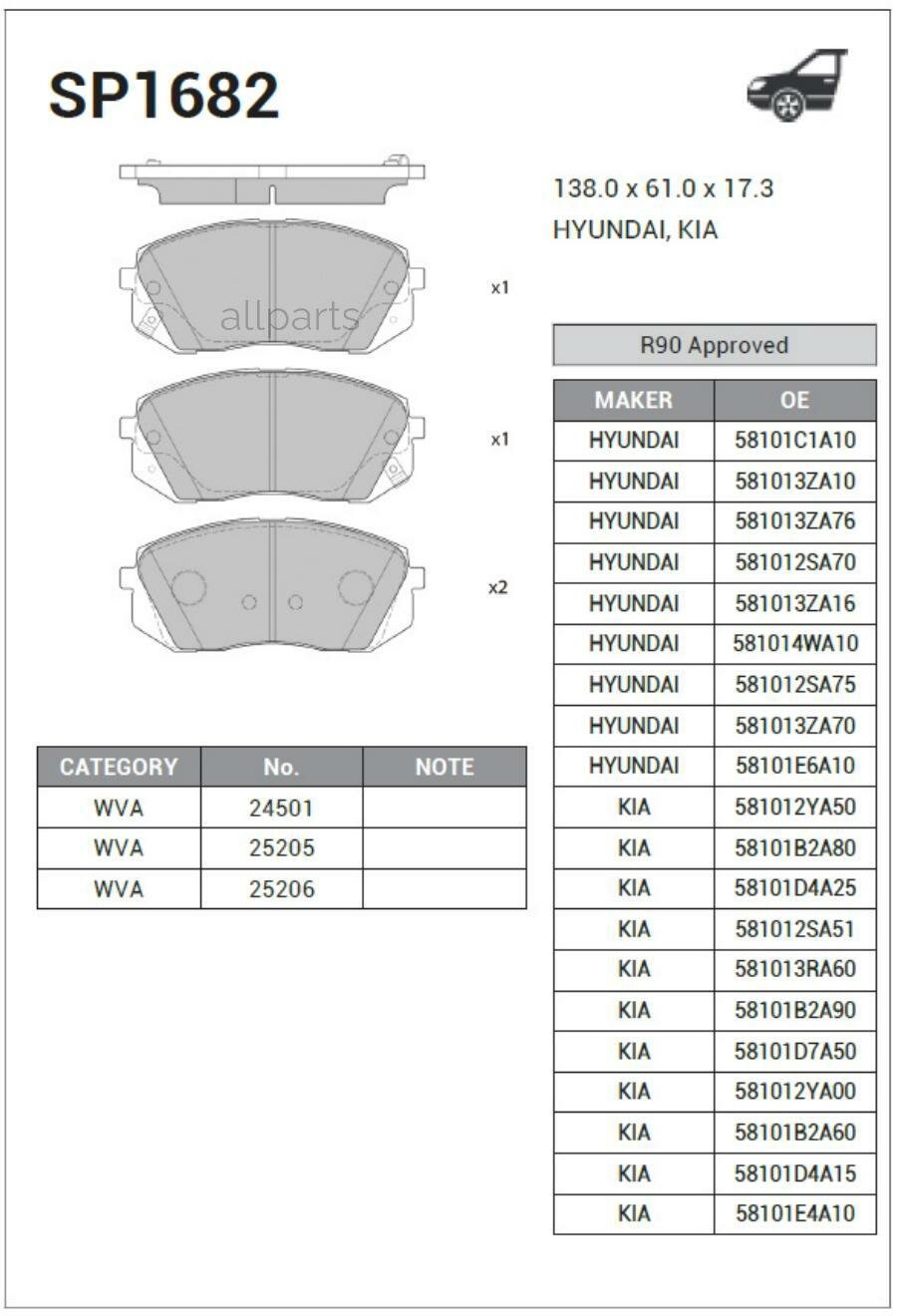 SANGSIN BRAKE SP1682 SP1682 колодки дисковые передние! \ Hyundai ix35 10>, KIA Sportage 10>/Carens 02>