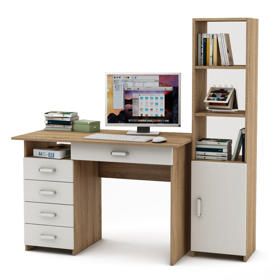 Стол письменный, компьютерный Лайт (Ньюкасл) 4Я с ящиком и стеллажом 145х60х149,2 см, Дуб сонома/Фасад белый