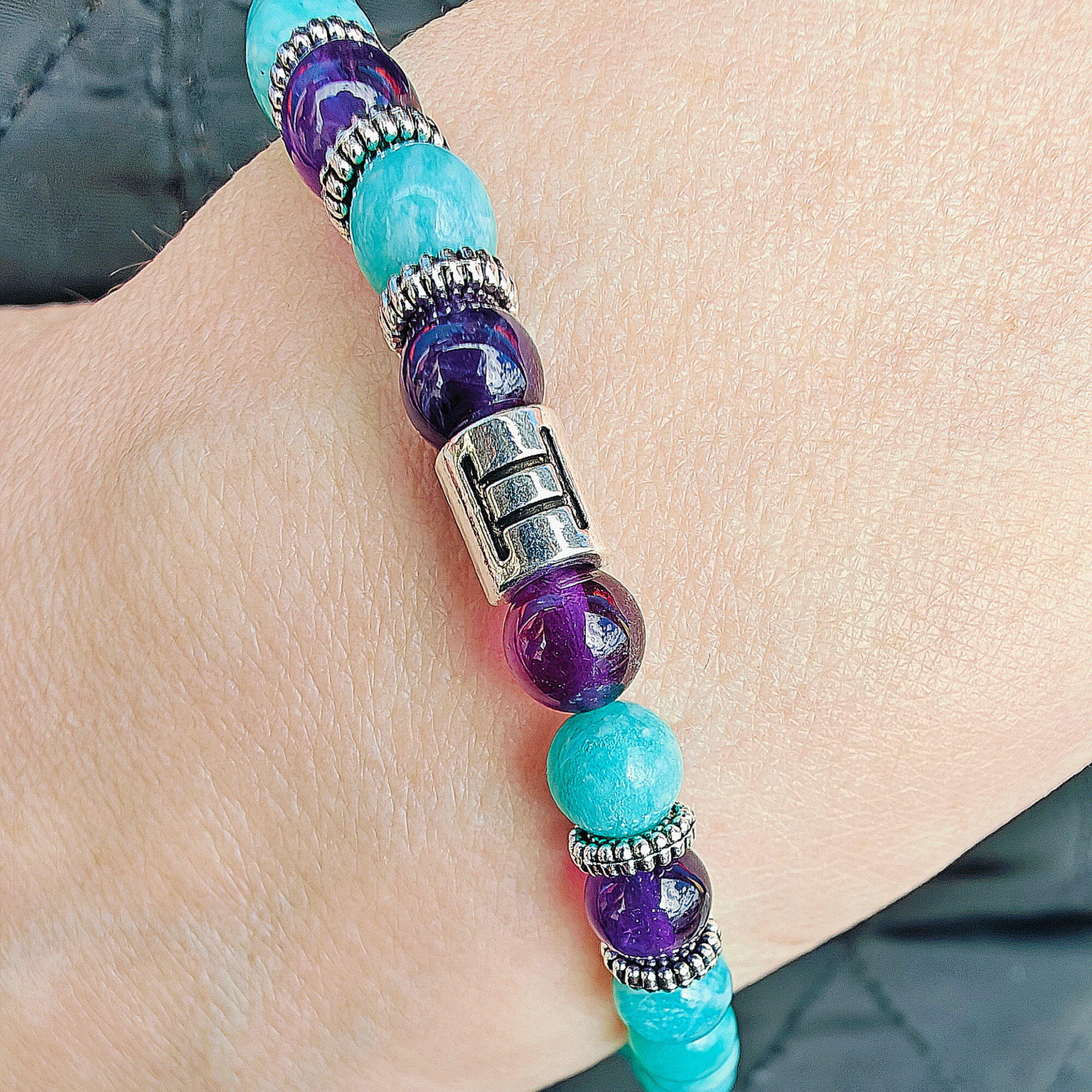 Плетеный браслет, аметист, амазонит