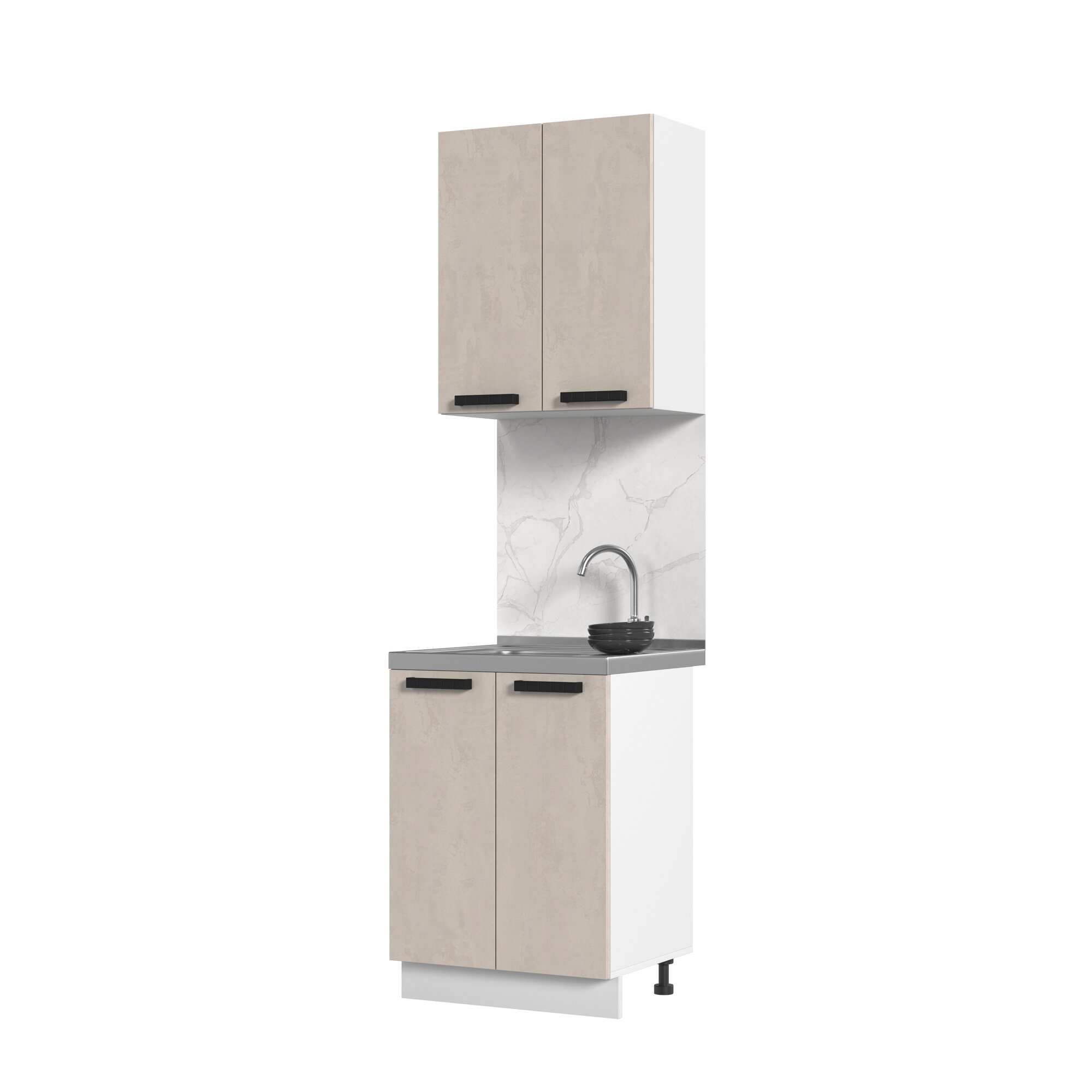 Кухня для дачи с мойкой (левая), без столешницы, кухня Пасаденна 60см, Белый / Шелковый камень