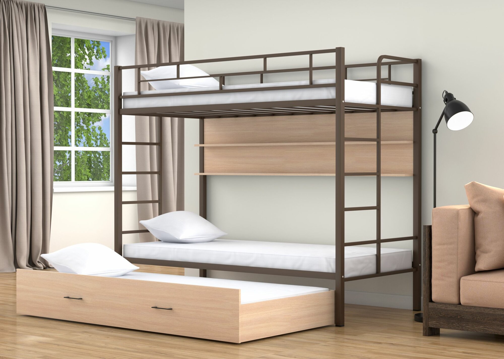 Двухъярусная кровать Валенсия Твист выкатная с полкой Коричневый/Дуб молочный