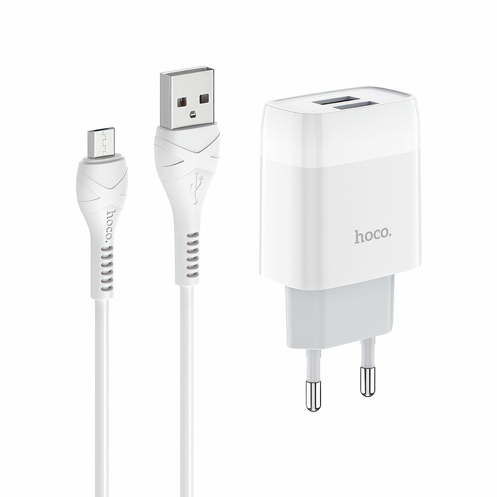 СЗУ HOCO C73A Glorious 2xUSB, 2.4А + USB кабель MicroUSB, 1м (белый)