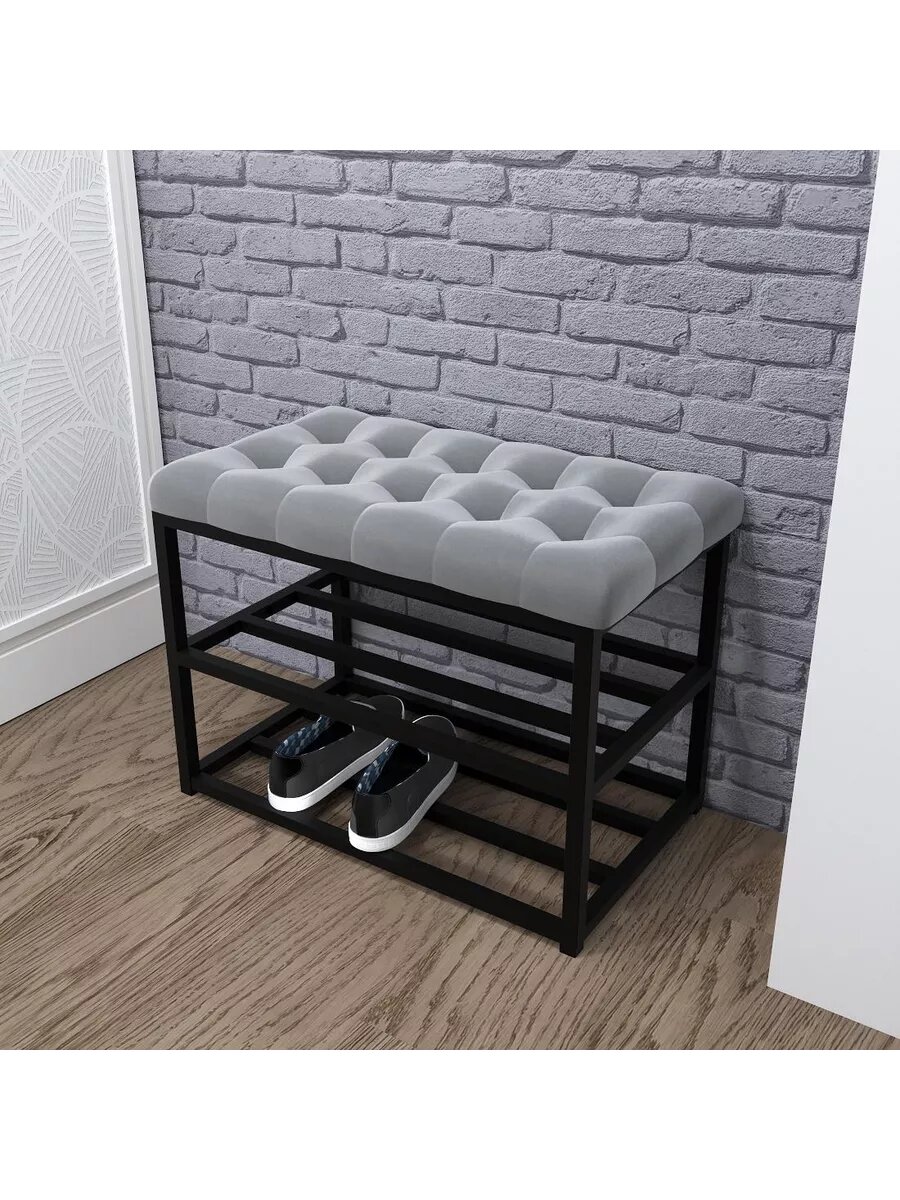 Обувница КМК в стиле Loft, велюр, черная/серая, металлический каркас, с мягким сиденьем