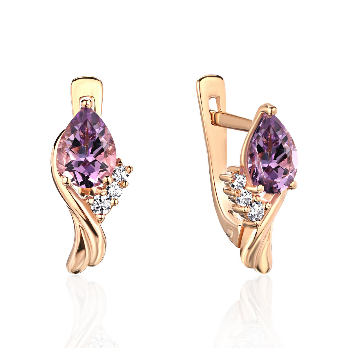 Серьги, красное золото, 585 проба, фианит, аметист