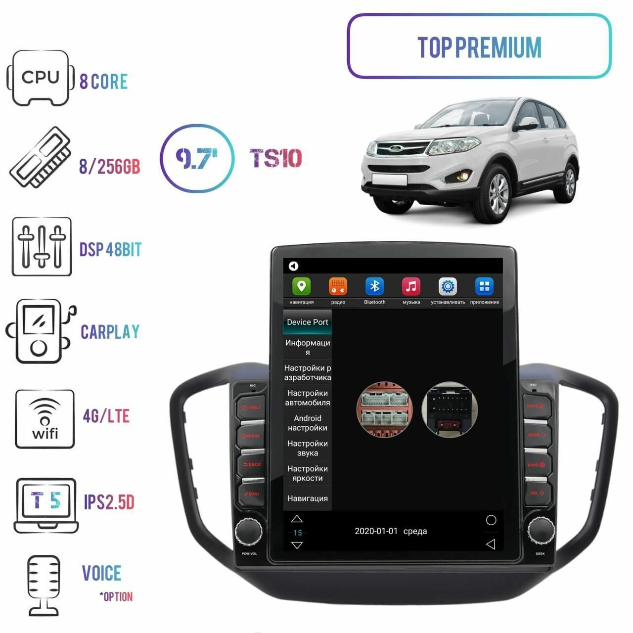 Магнитола 9.7 Tesla для Chery Tiggo 5 2014 - 2020 MFA на Андроиде 11 Car Edition TS10 8+256Gb+8ядер+2ядра GU+DSP+CarPlay+4G SIM+IPS2.5D+голосовое управление