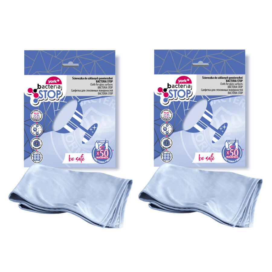 Салфетка для стекла из микрофибры Бактерия Стоп YORK, комплект: 2 шт, размер: 30 х 40 см, 026330-2