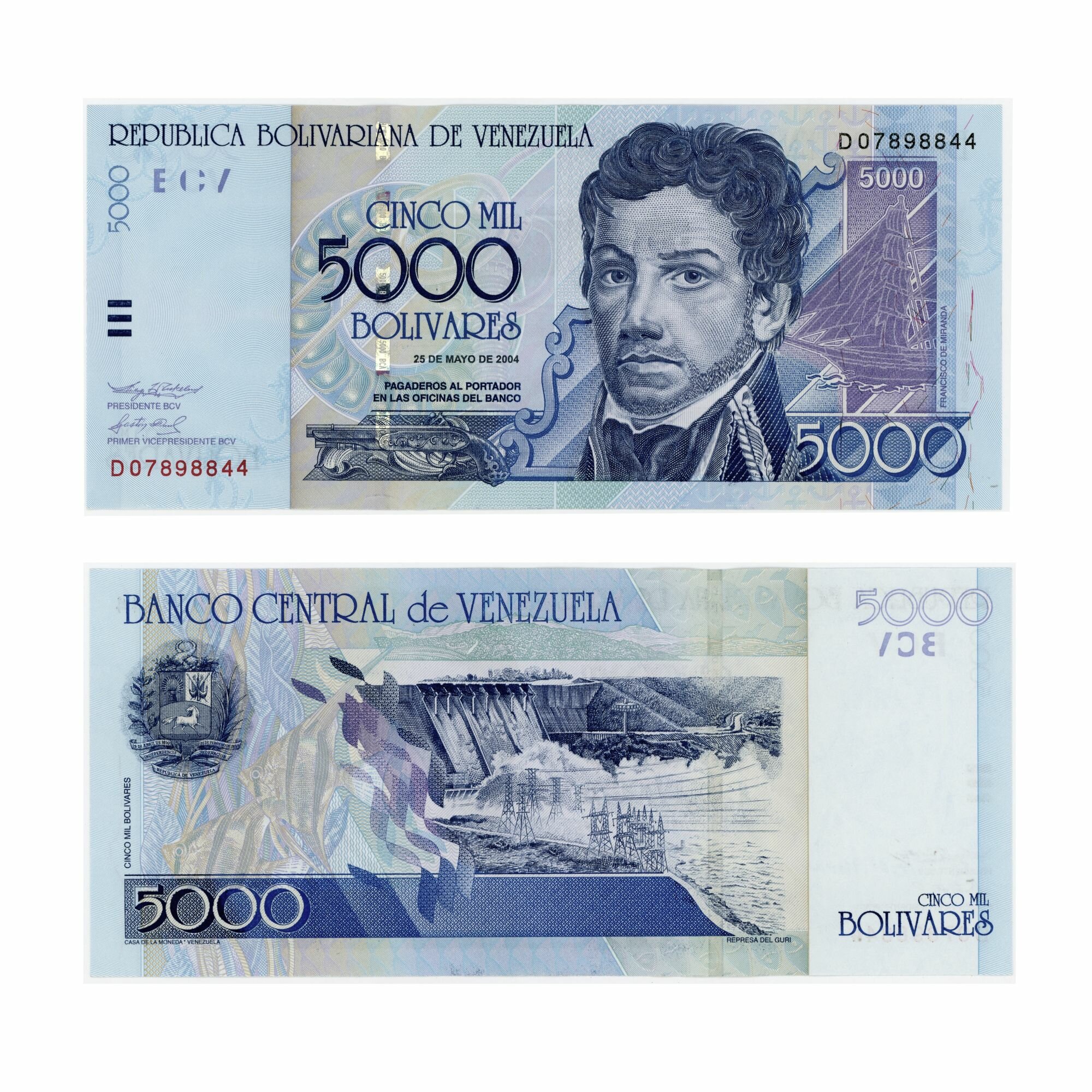 Банкнота Венесуэла 5000 боливар CINCO MIL BOLIVARES 2004 год (XF-aUNC) Pick 84