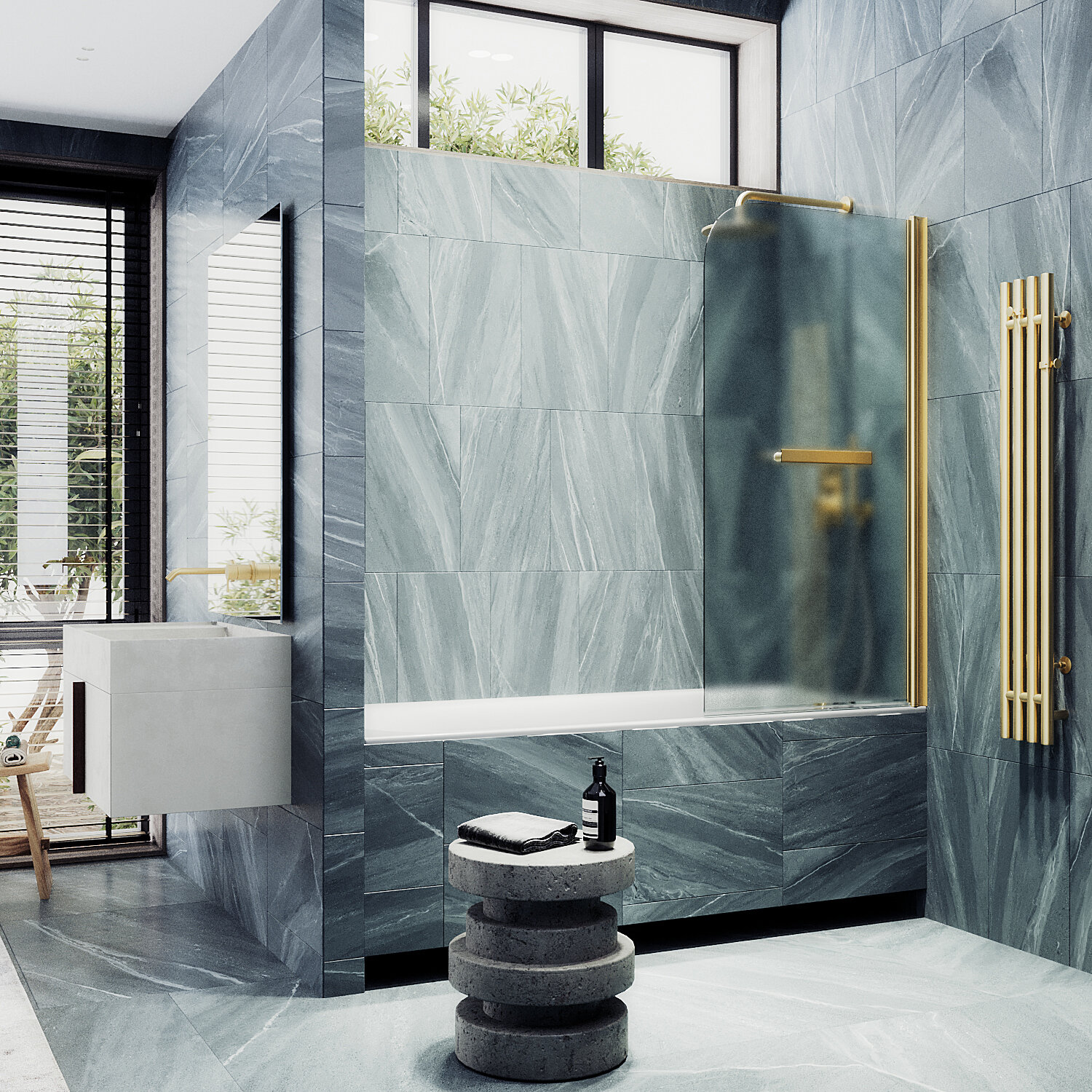 Шторка для ванны MaybahGlass 70х140 MGV-787-3 с полотенцедержателем, стекло сатин, профиль золото