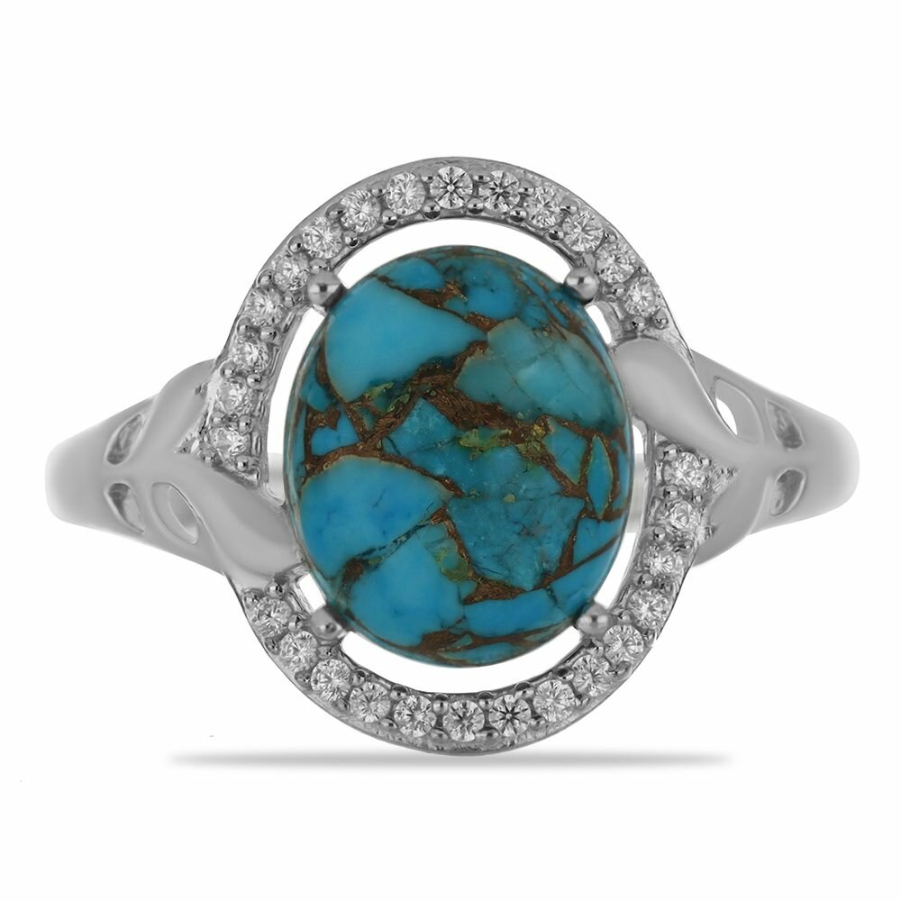 Кольцо, серебро, 925 проба, родирование, фианит, бирюза