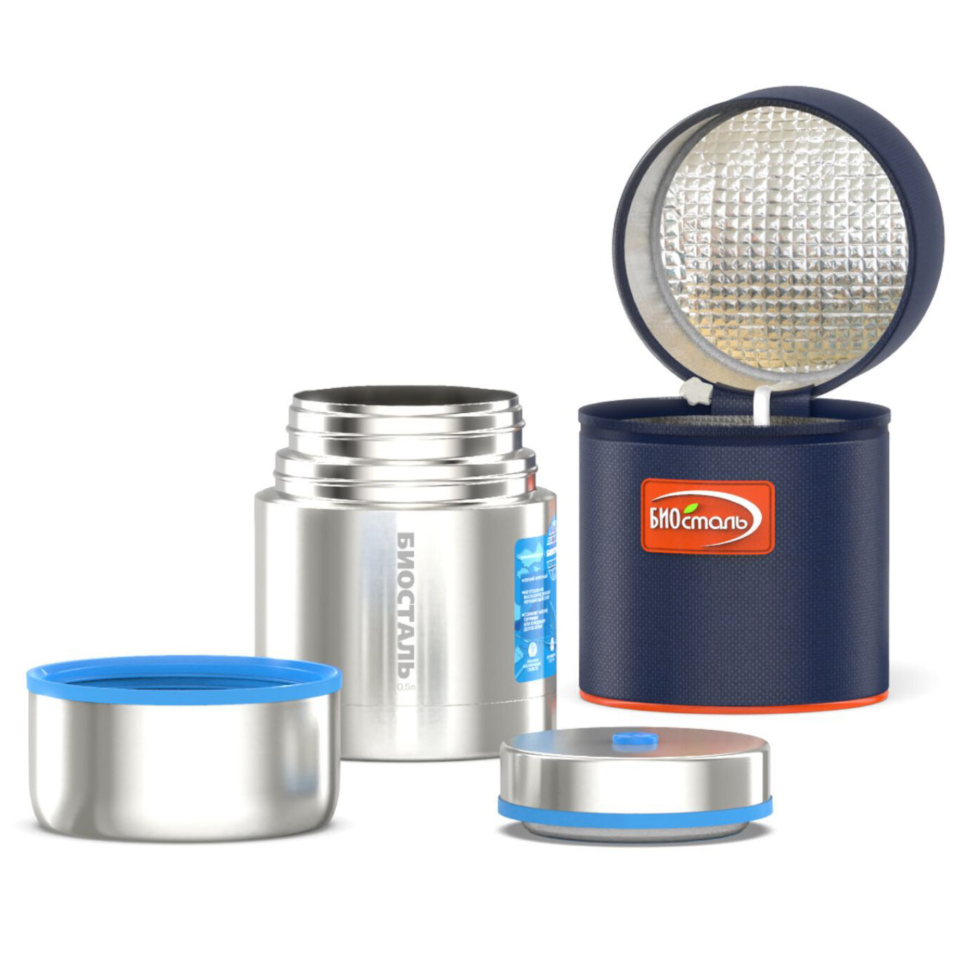 Термос Биосталь 500 мл с широким горлом для еды, нержавеющая сталь, с термочехлом, biostal NRP-500