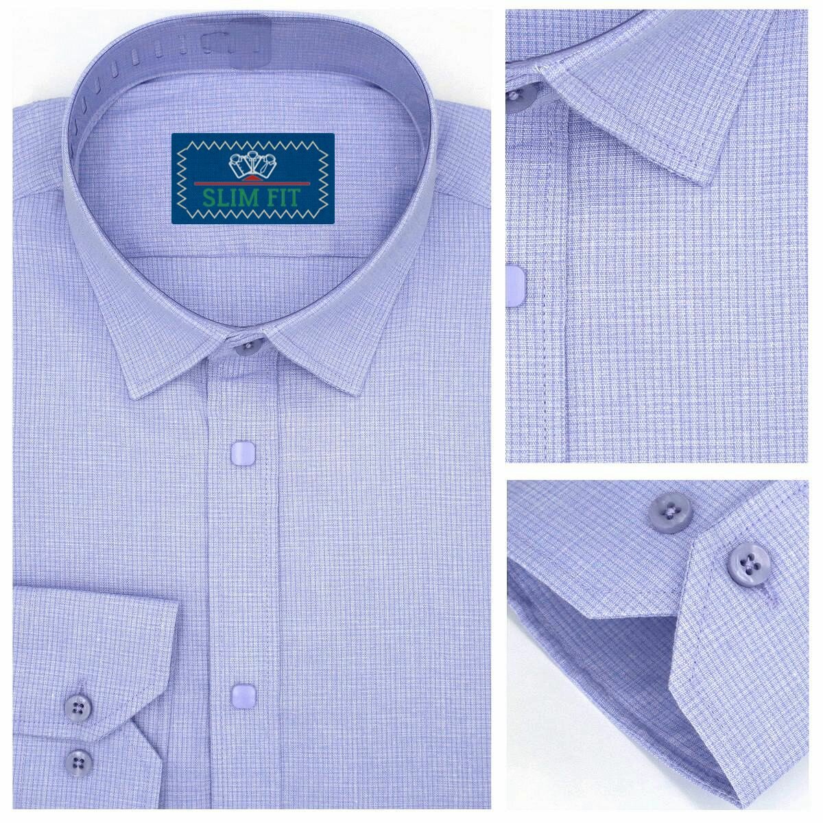 Рубашка Рубашка мужская с длинным рукавом, приталенная, светлая сорочка, на кнопках, рубаха на любой сезон, стильный фасон одежды, фиолетовая, мелкая клетка, без карманов, на любой сезон и на лето