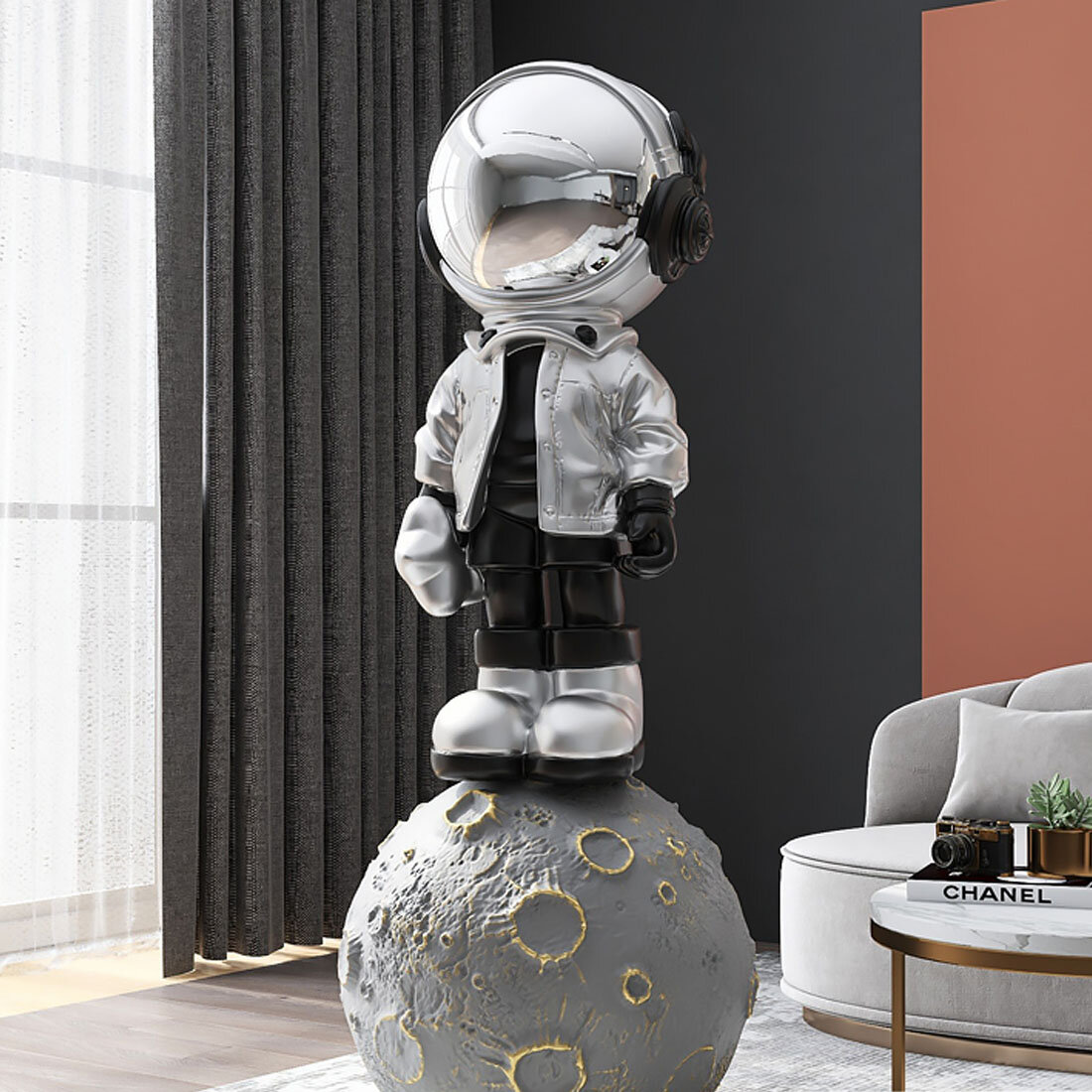 Интерьерная напольная фигура в виде астронавта Moonwalk (серебро, постамент-луна, 72х210 см)