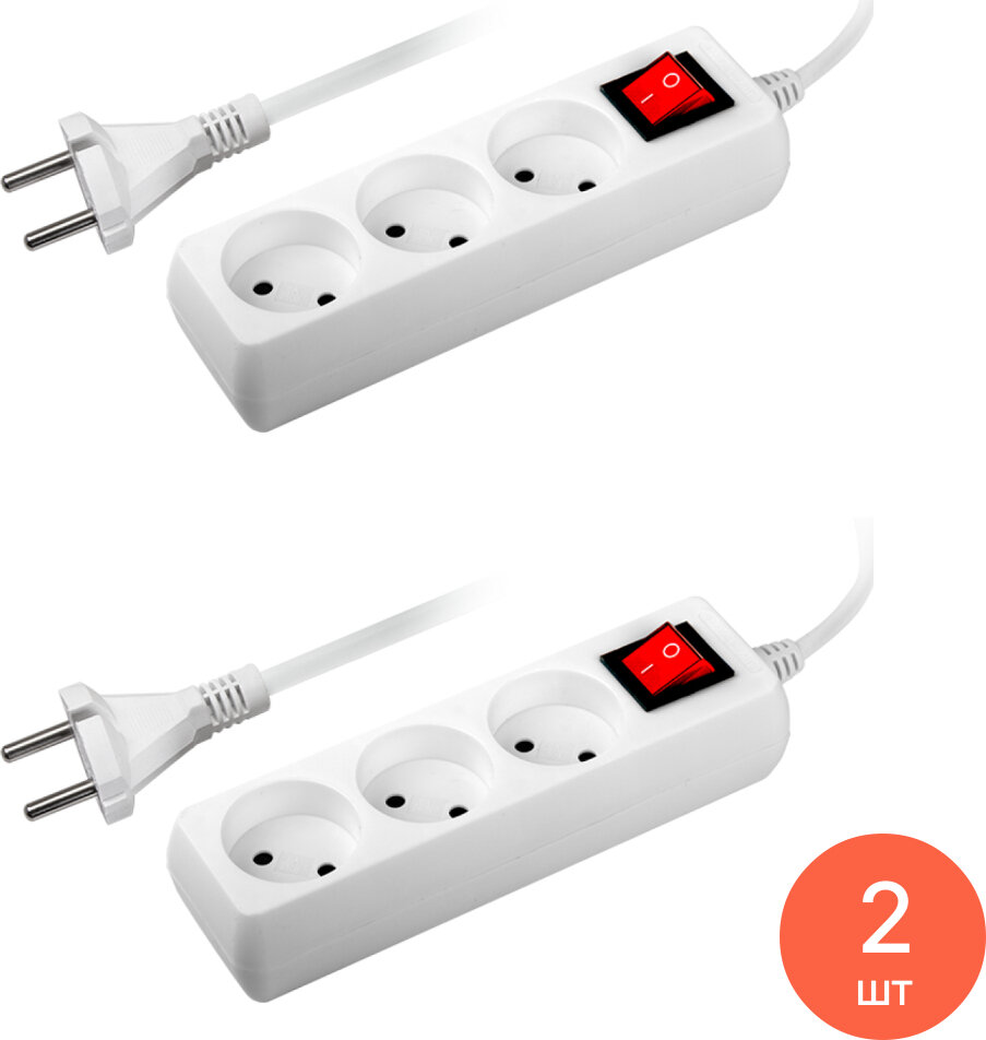 Удлинитель бытовой Фаzа / Фаза FS-03-150 без заземления с выключателем, ПВС 2х0.75мм2, 10А 2200Вт IP20, 1.5 метра 3 розетки, белый 5017092 (комплект из 2 шт)