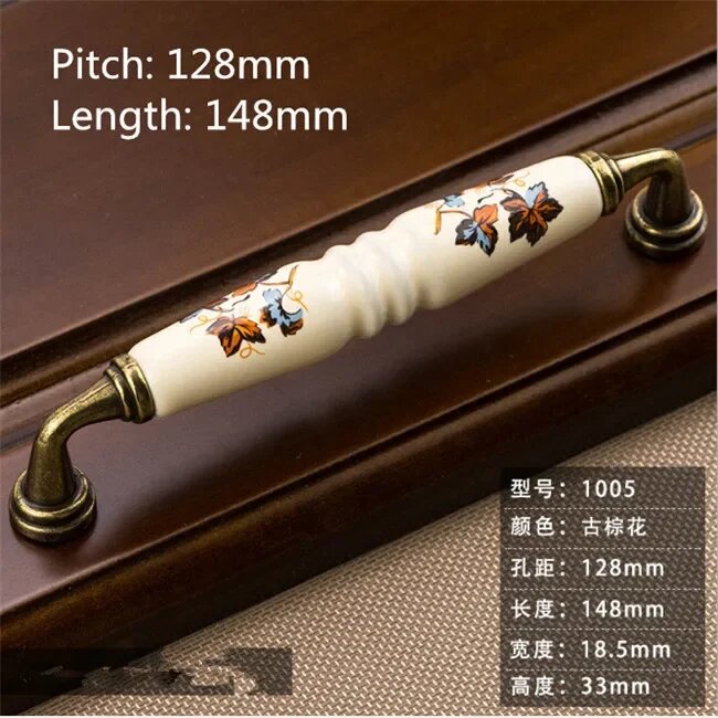 Керамическая ручка для шкафа с зелёными/красными листьями Red-128