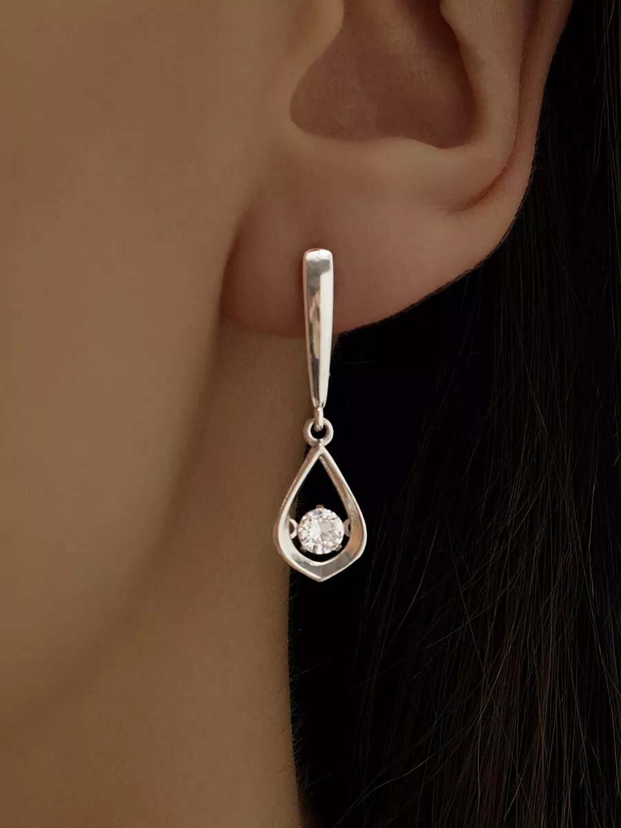 Серьги с подвесками, серебро, 925 проба, родирование, фианит