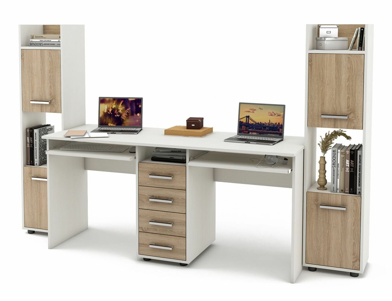 Стол письменный для двоих со стеллажами Остин (Ливерпуль) 8К письменный стол, тумба, стеллаж,