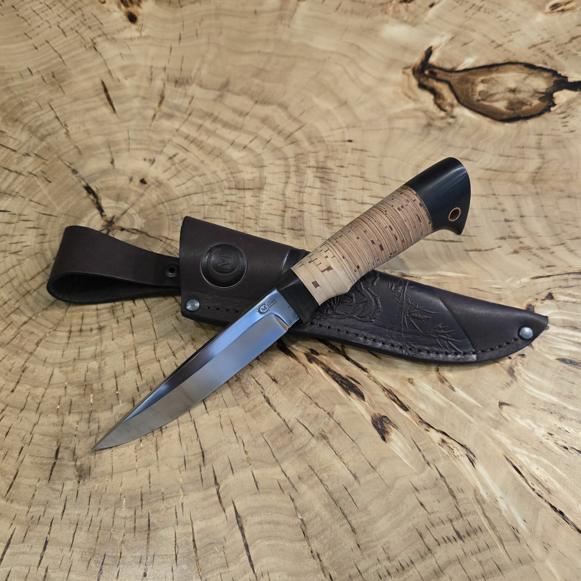 Нож Оса, сталь Х12МФ, рукоять береста, черный граб, Мастерская Семина