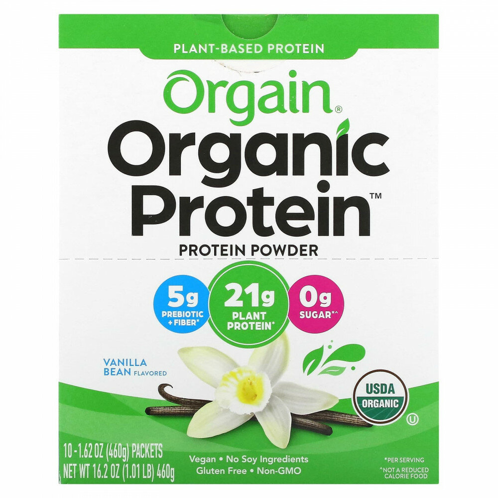 Orgain, Organic Protein™, растительный протеин в порошке, со вкусом ванили, 10 пакетиков по 46 г (1,62 унции)
