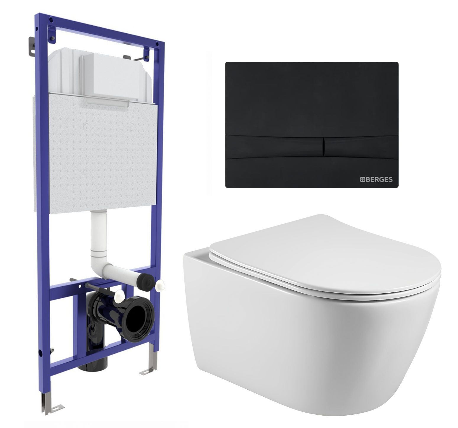Комплект 3 в 1 инсталляция Berges Wasserhaus Novum 040255 + Унитаз подвесной Акватек Вега AQ1905-00 + кнопка черная
