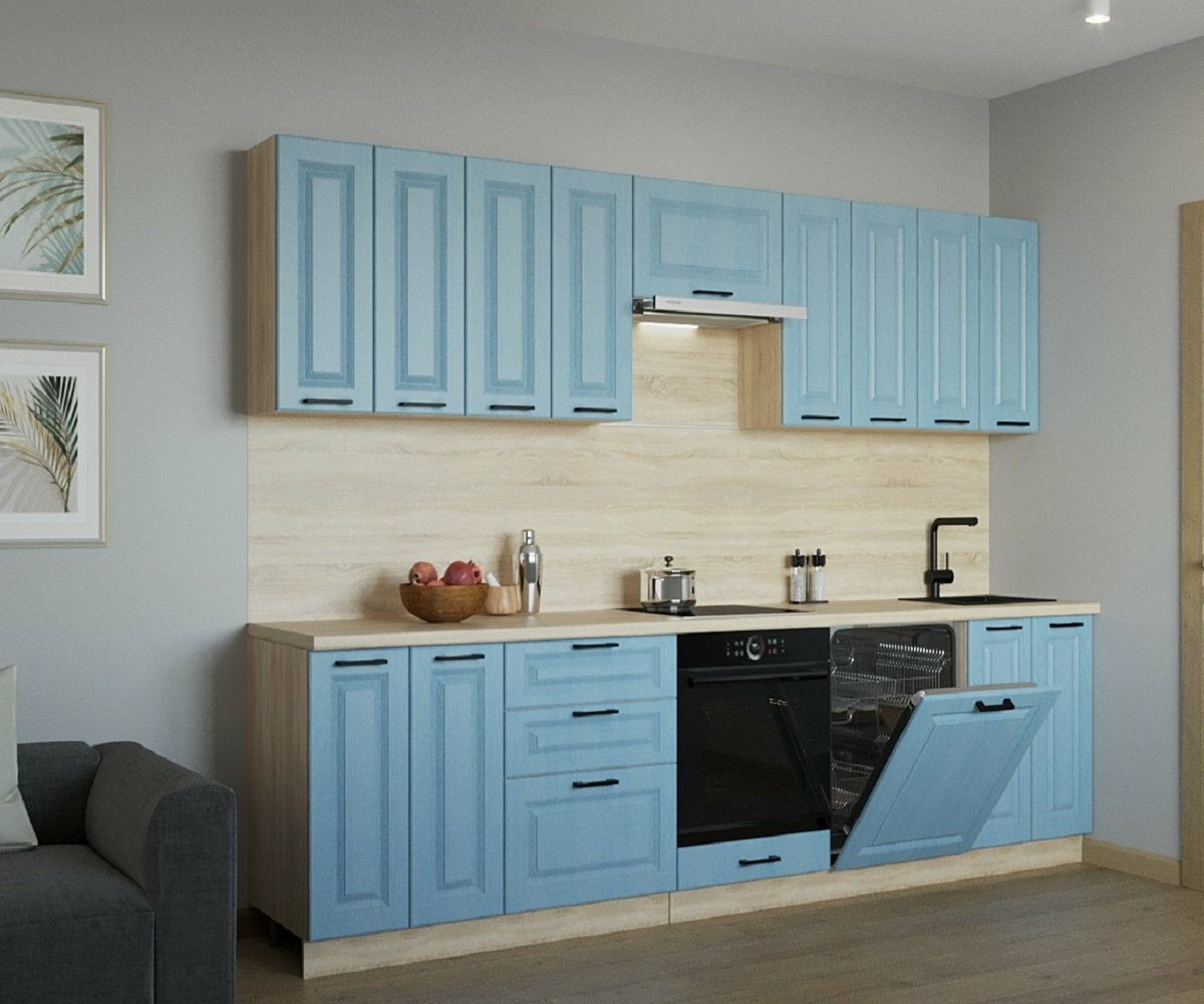 Кухонный гарнитур РоялВуд Голубой Вегас, длина 3000 мм, с фасадом для ПМ
